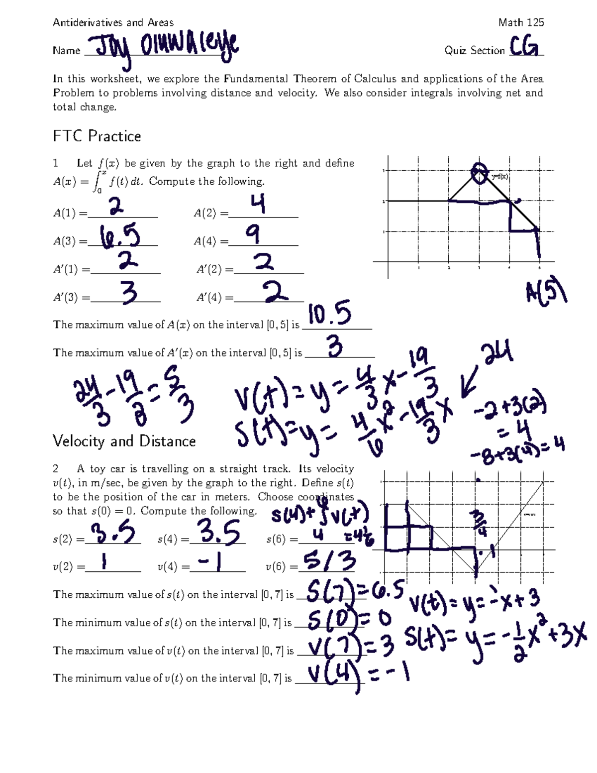 Fundamental - N/A - Antiderivatives and Areas Math 125 Name Quiz ...