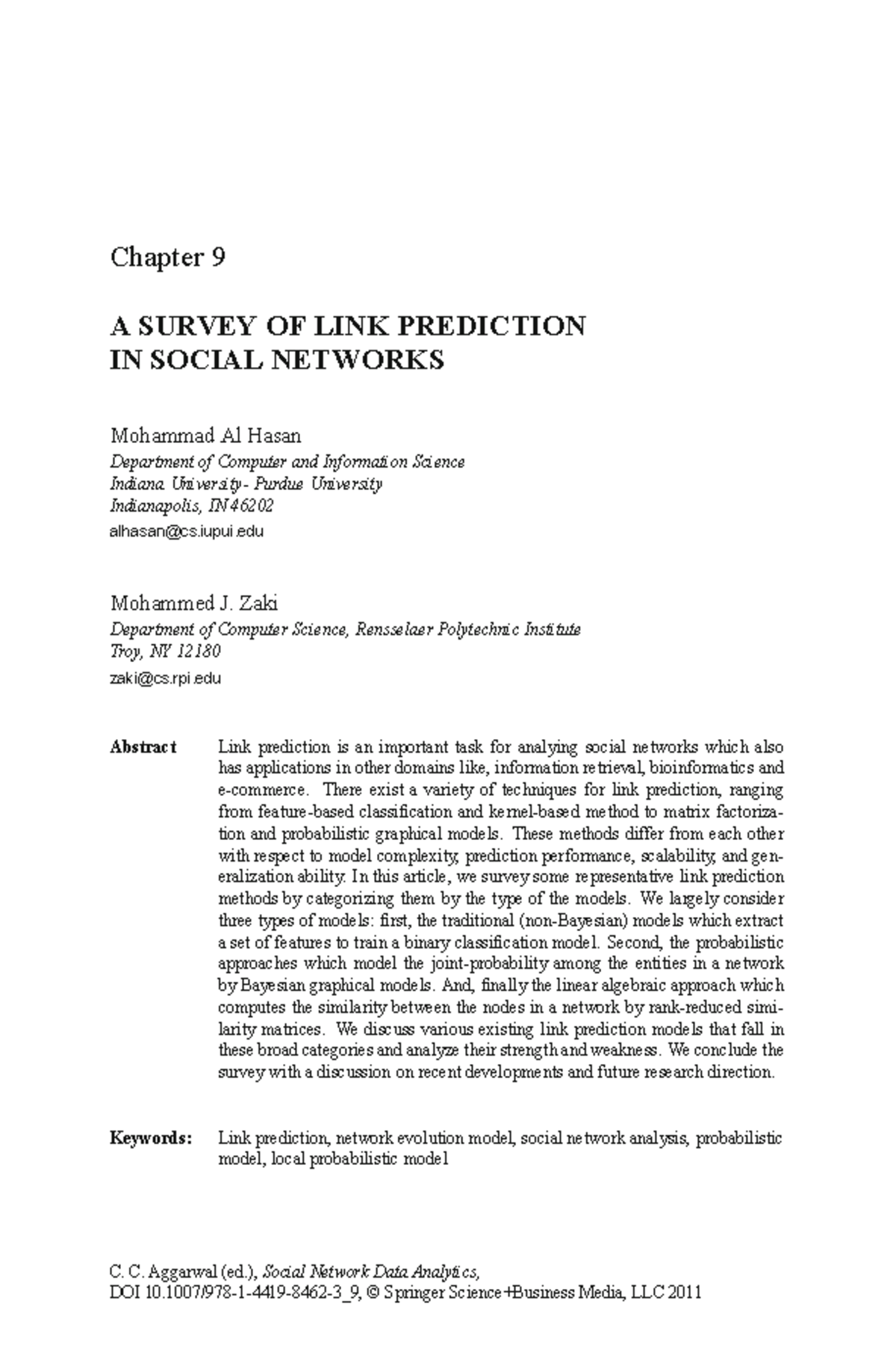 A Survey OF LINK Prediction in Social Networks - Chapter 9 A SURVEY OF ...