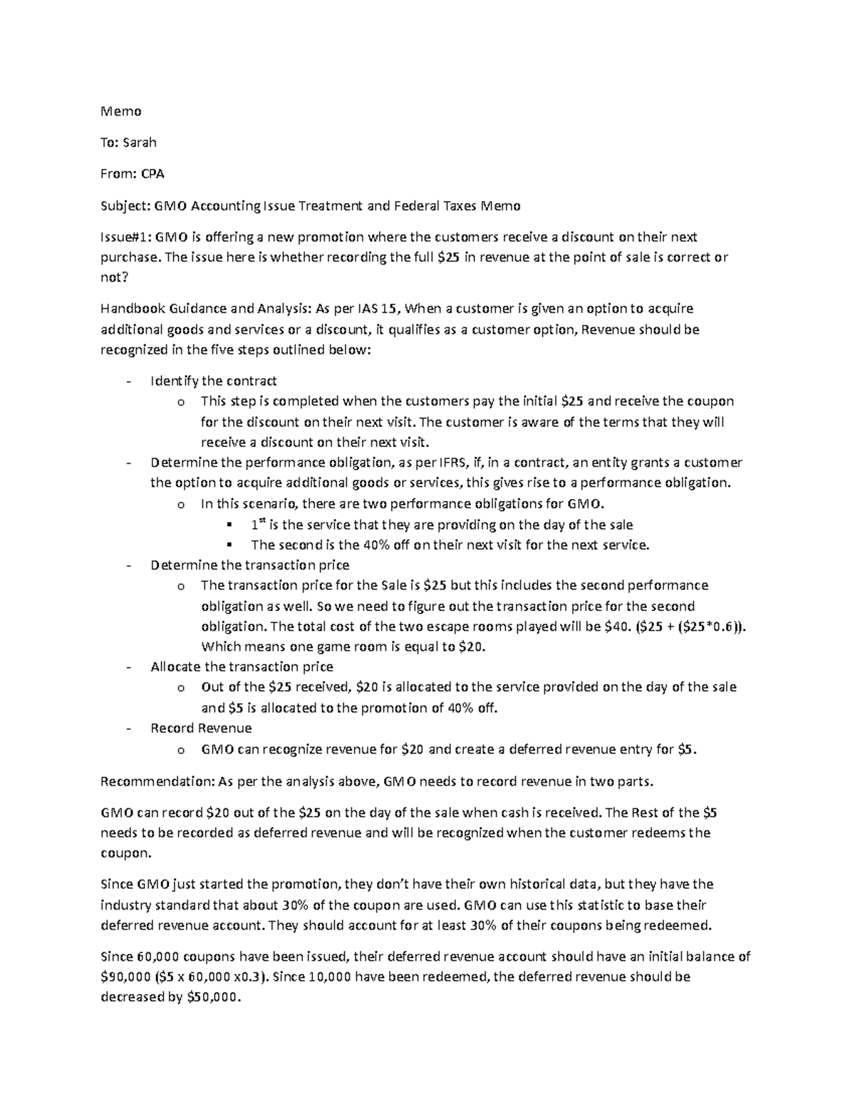 Unit 5 Retired Case - Case - Memo To: Sarah From: CPA Subject: GMO ...
