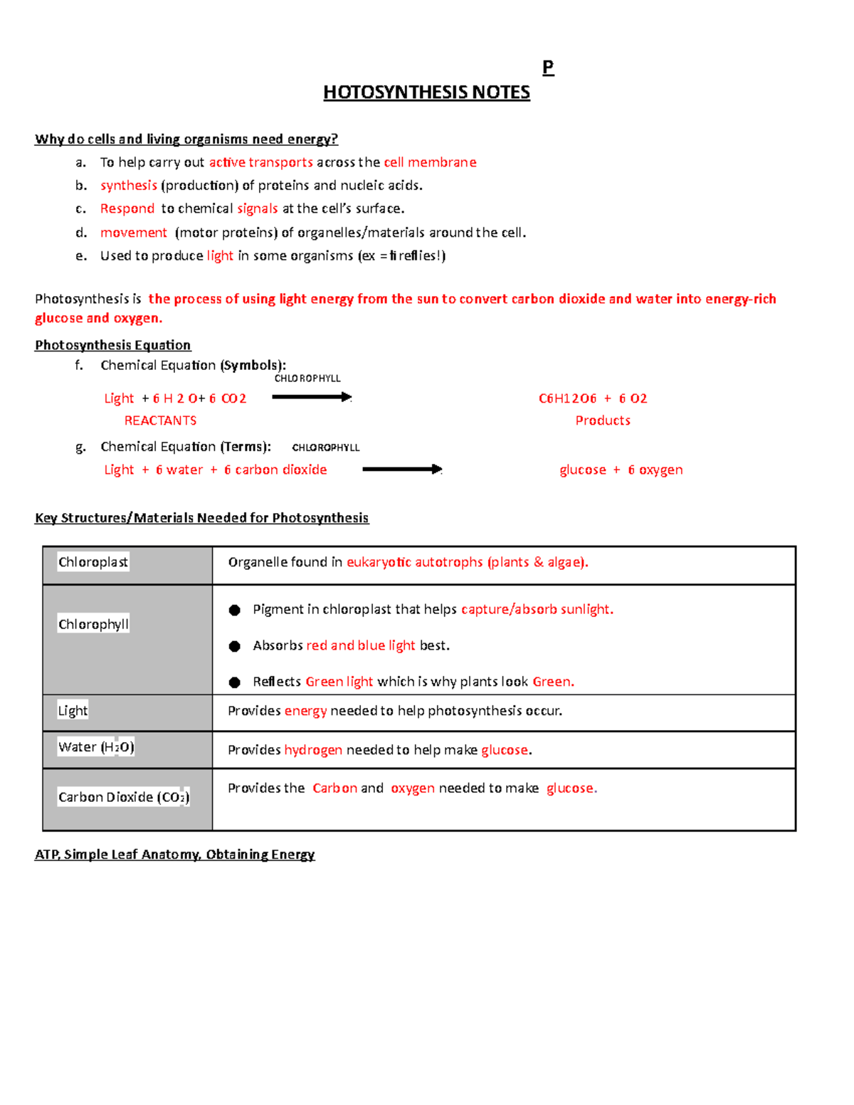 Photosynthesis and Cellular Respiration Notes - 2204527 - P ...