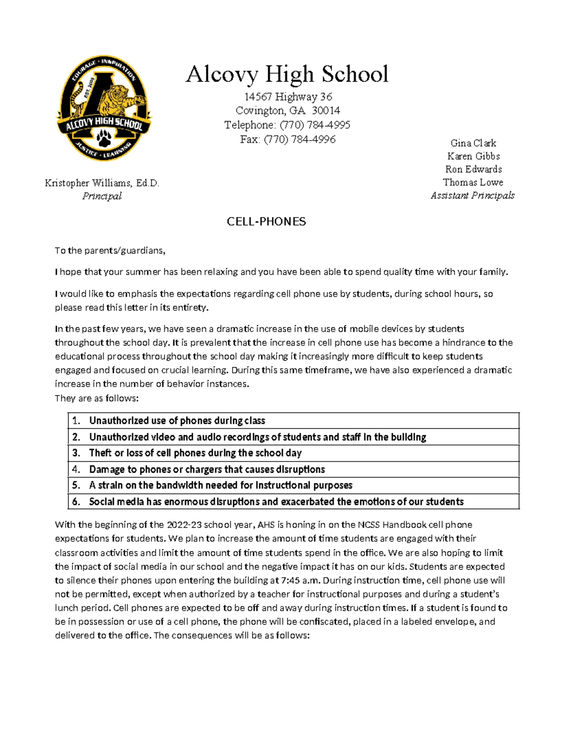 AHS Cell phone letter to parents - CELL-PHONES To the parents/guardians ...