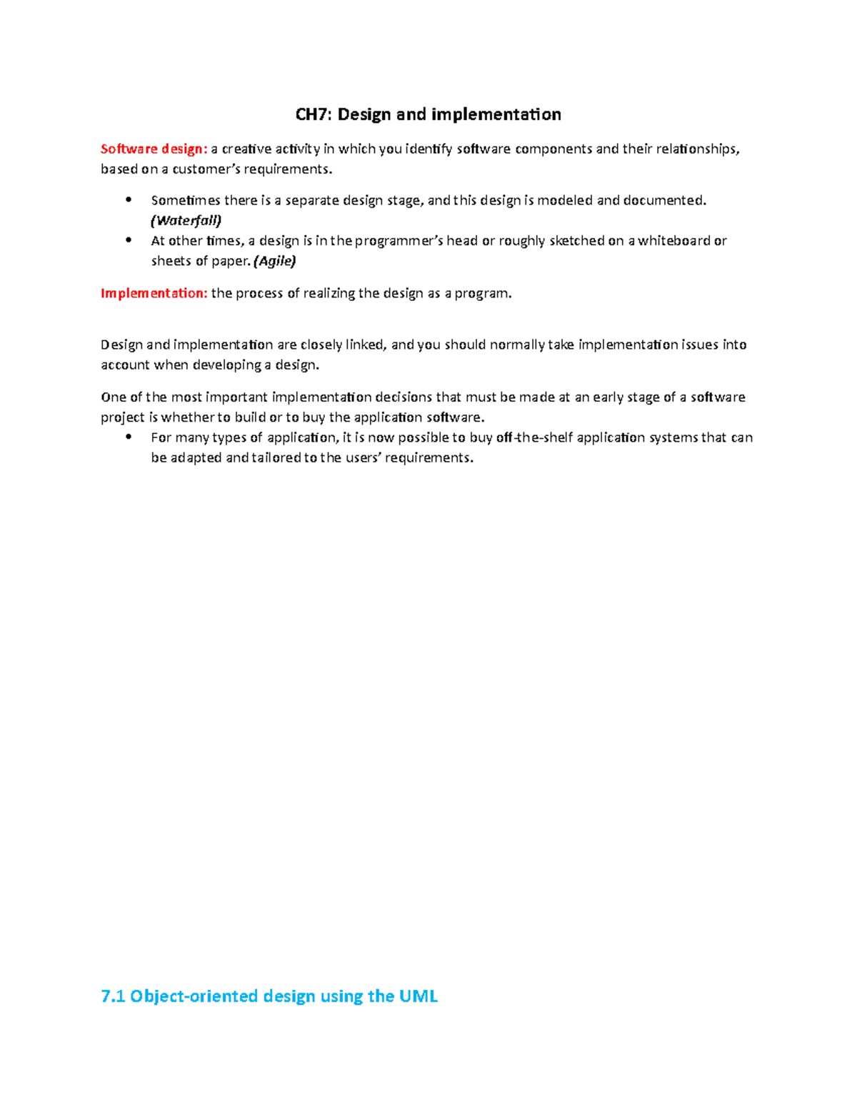 CH7 - software engineering summray - CH7: Design and implementation Software design: a creative ...