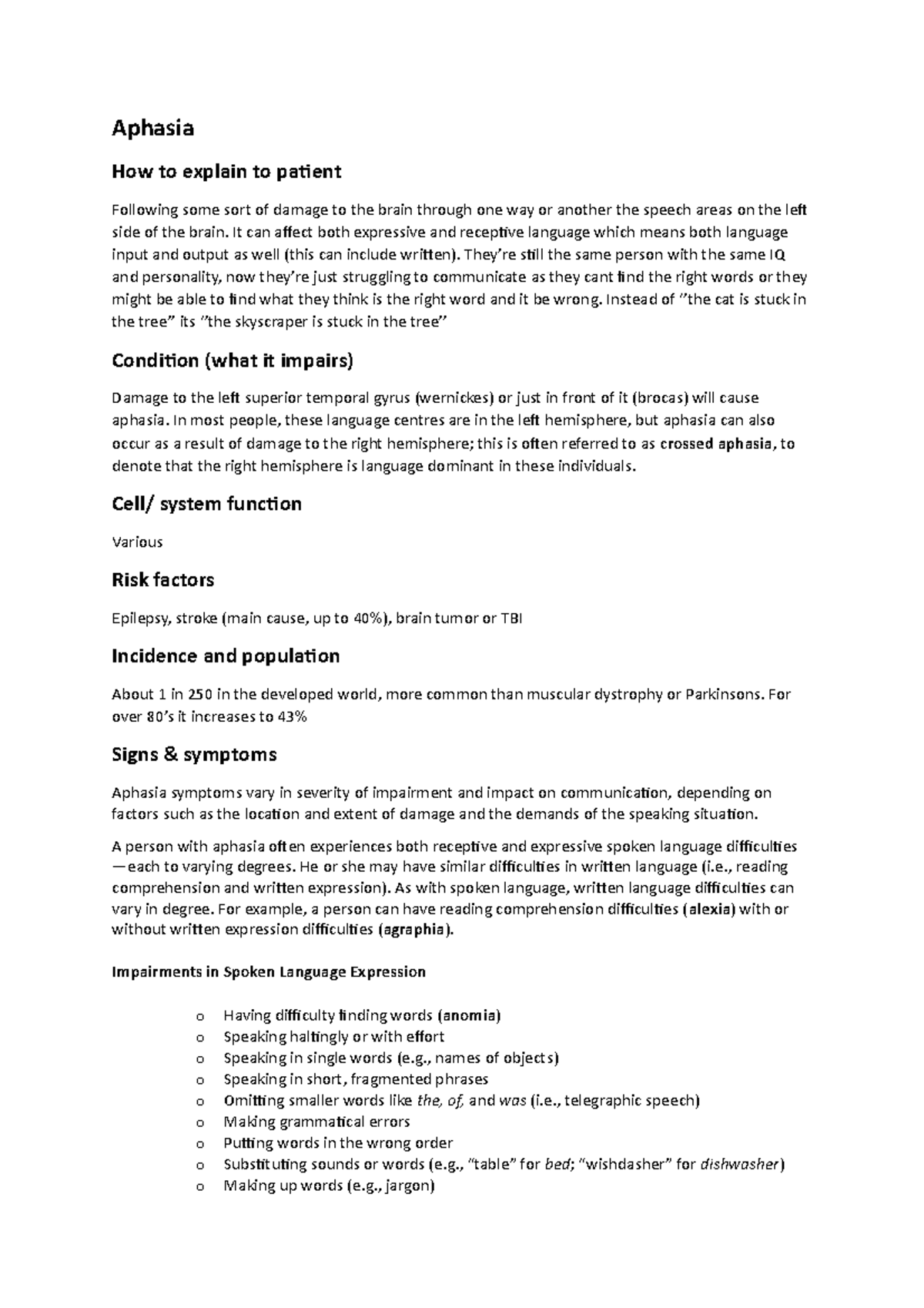 Aphasia - cheat sheet - Aphasia How to explain to patient Following ...