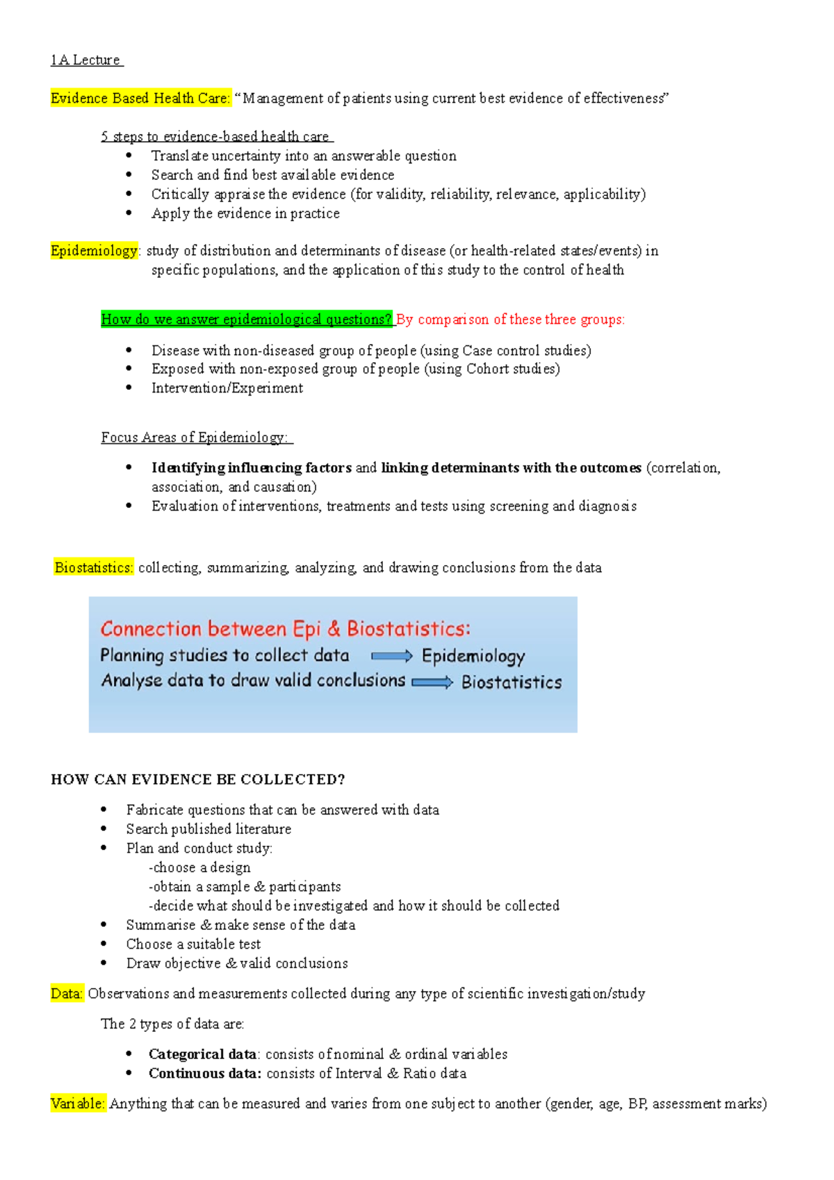 Lecture 1 Notes - 1A Lecture Evidence Based Health Care: “Management of ...