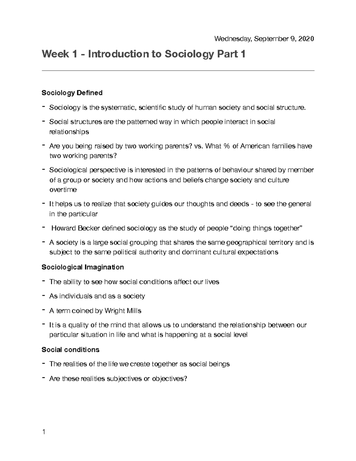 Week 1 - Intro to Sociology Part 1 - Wednesday, September 9, 2020 Week ...