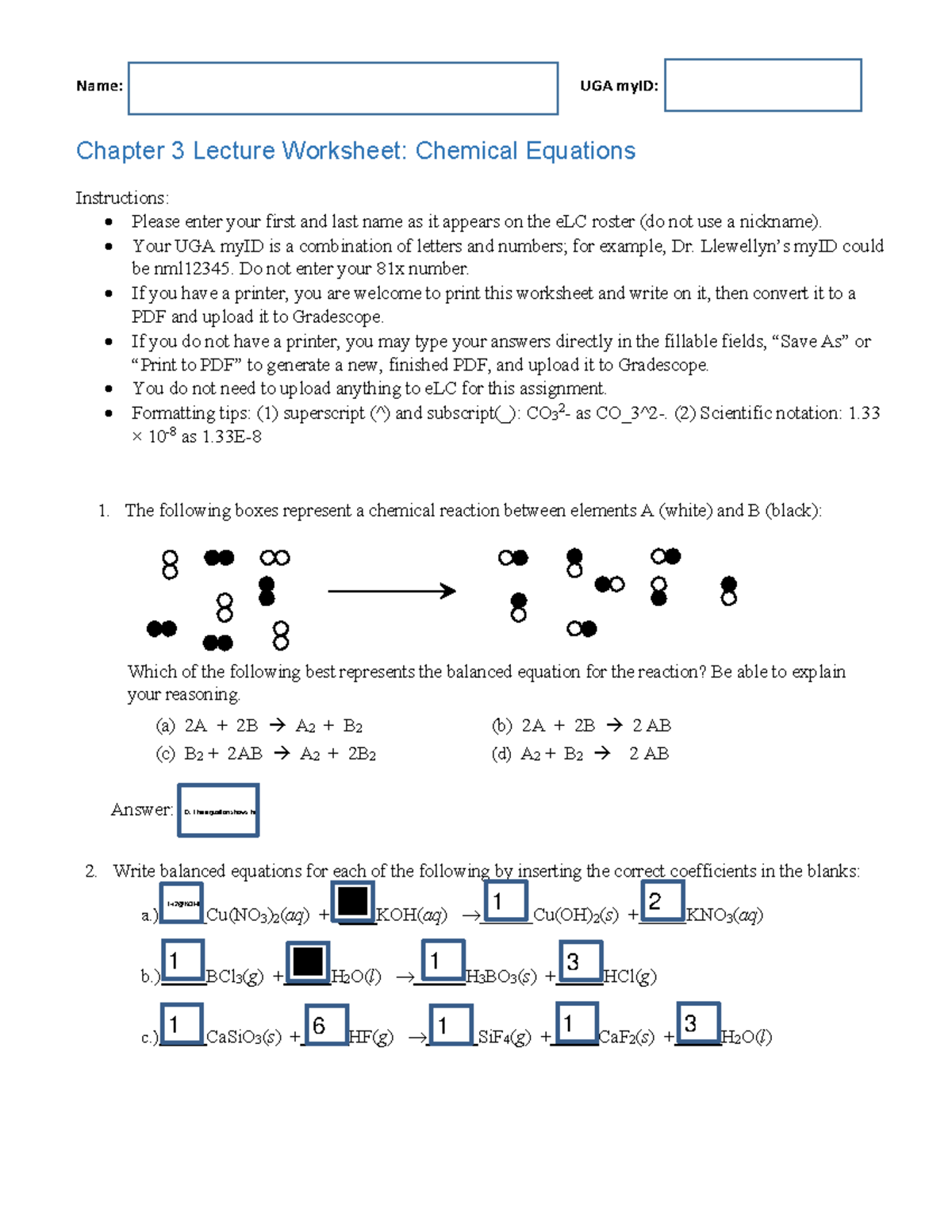 Chapter 3 Lecture Worksheets: Chem Equations - CHEM 1211 - UGA - Studocu
