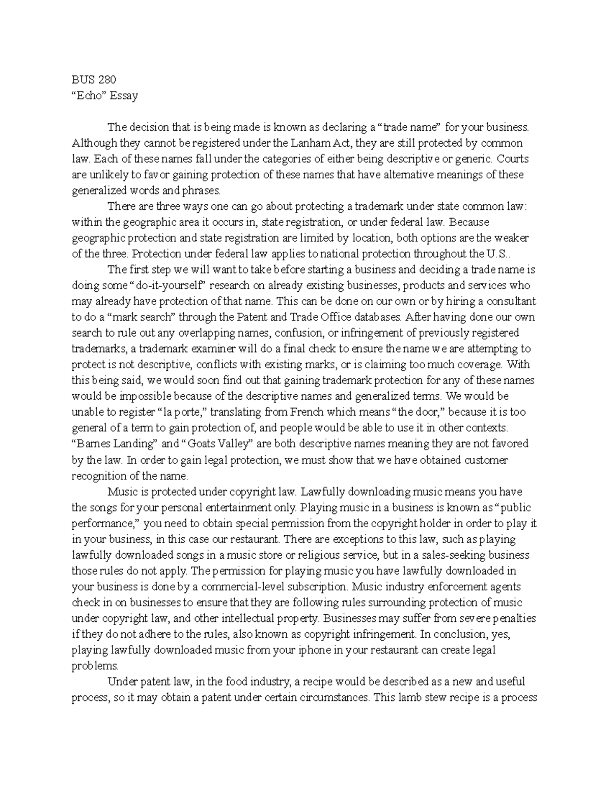 BUS 280- Echo Essay - Echo case - BUS 280 “Echo” Essay The decision ...