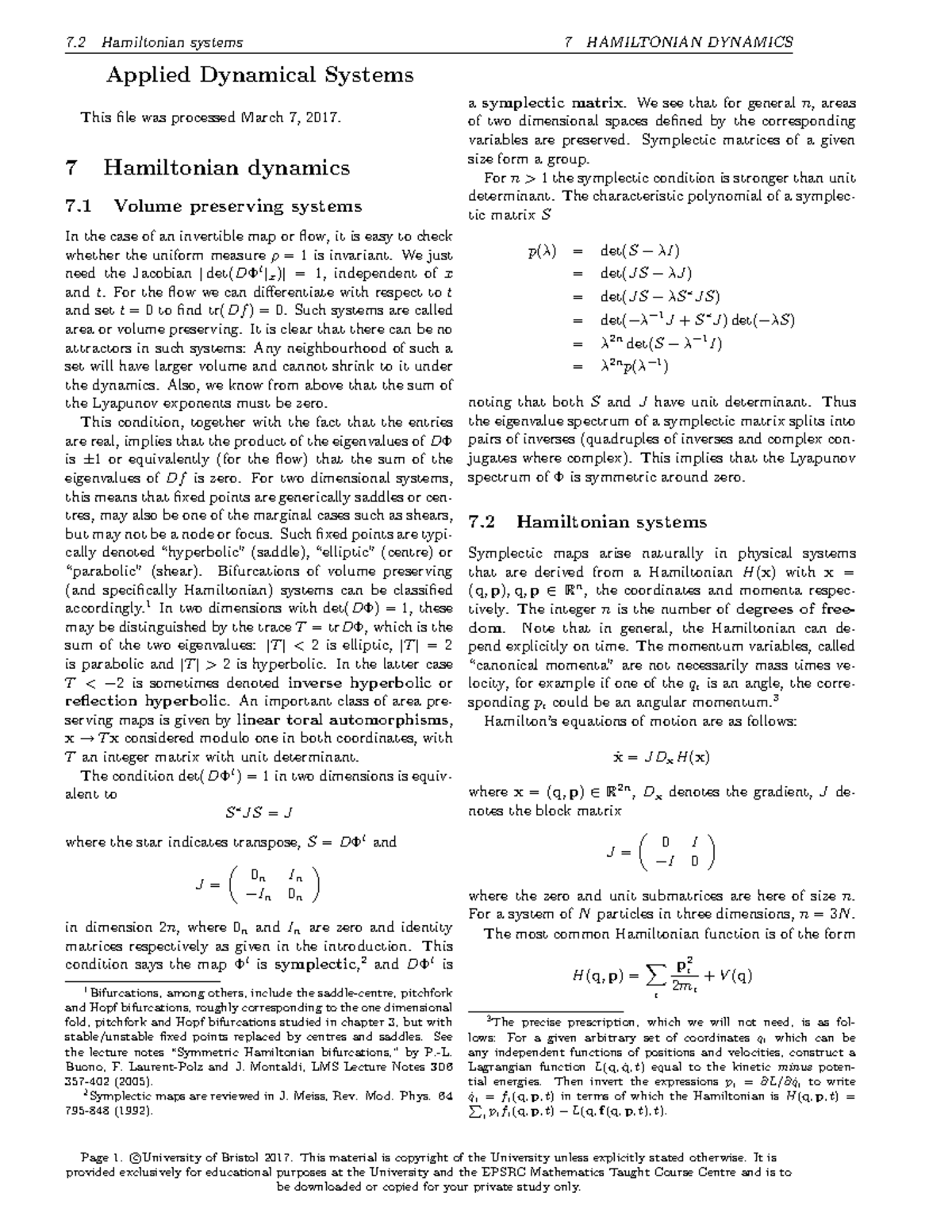 MATHM0010 2016-2017 Lecture 7 - Hamiltonian dynamics - 7 Hamiltonian ...