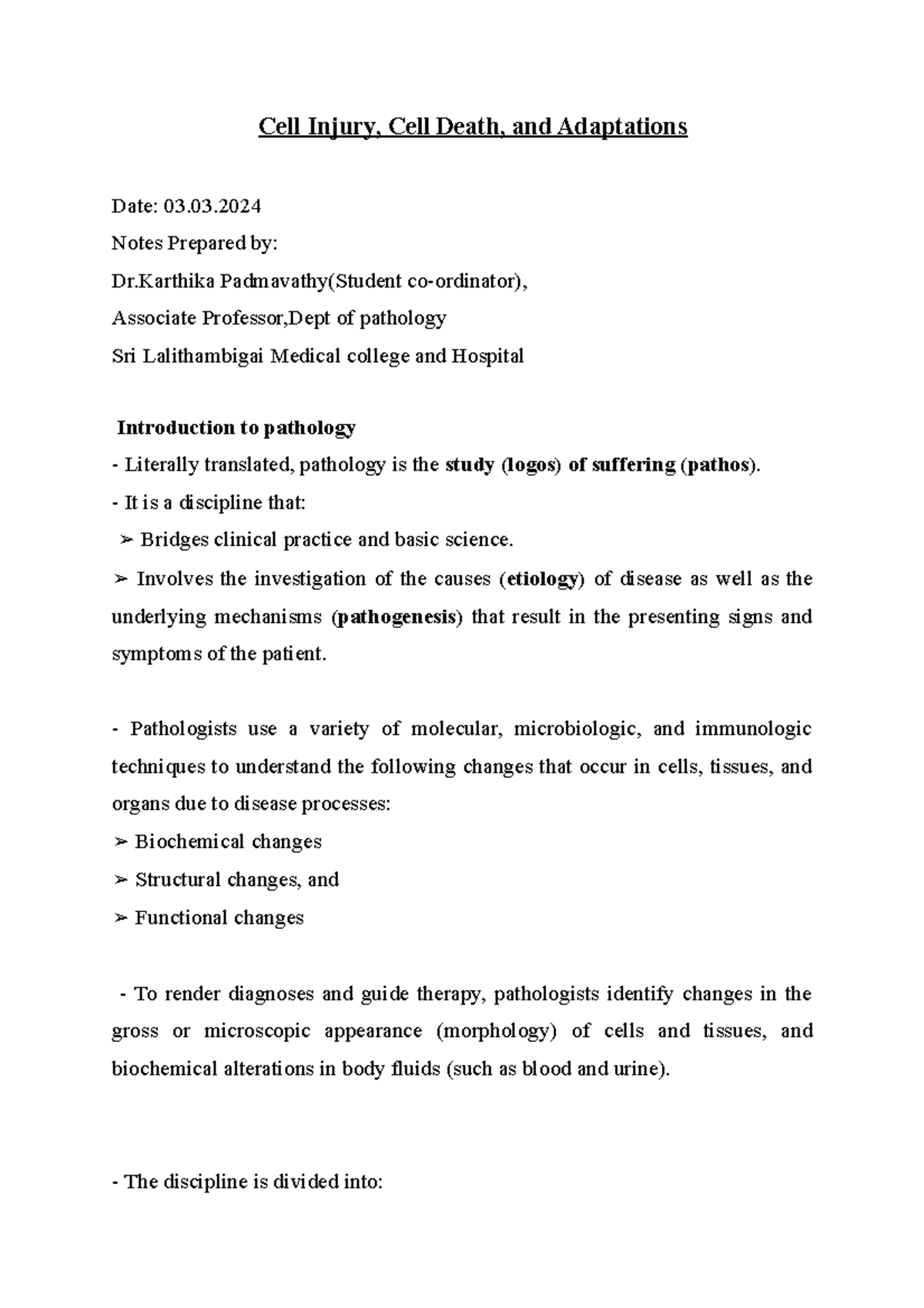 Cell Injury, adaptation PDF - Cell Injury, Cell Death, and Adaptations ...
