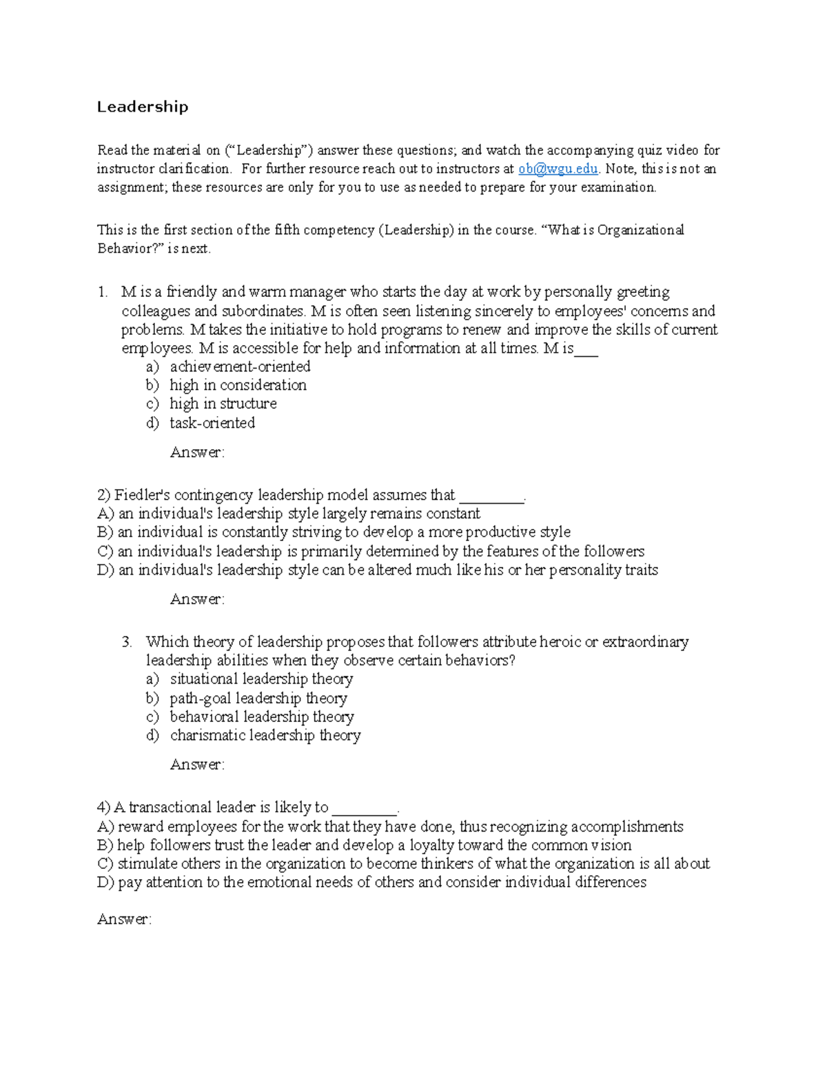 Leadership multiple choice questions - Leadership Read the material on ...