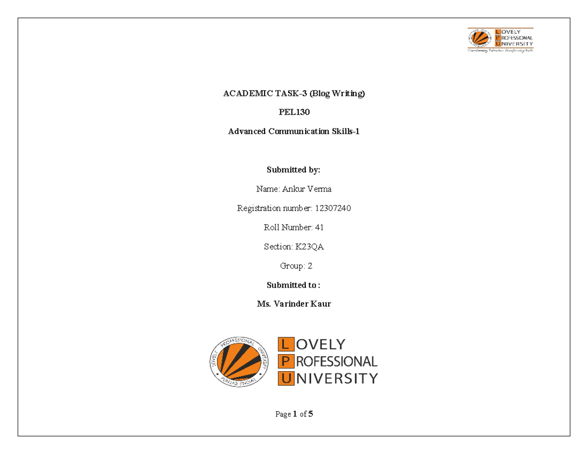 PEL CA3 - ACADEMIC TASK-3 (Blog Writing) PEL1 30 Advanced Communication ...