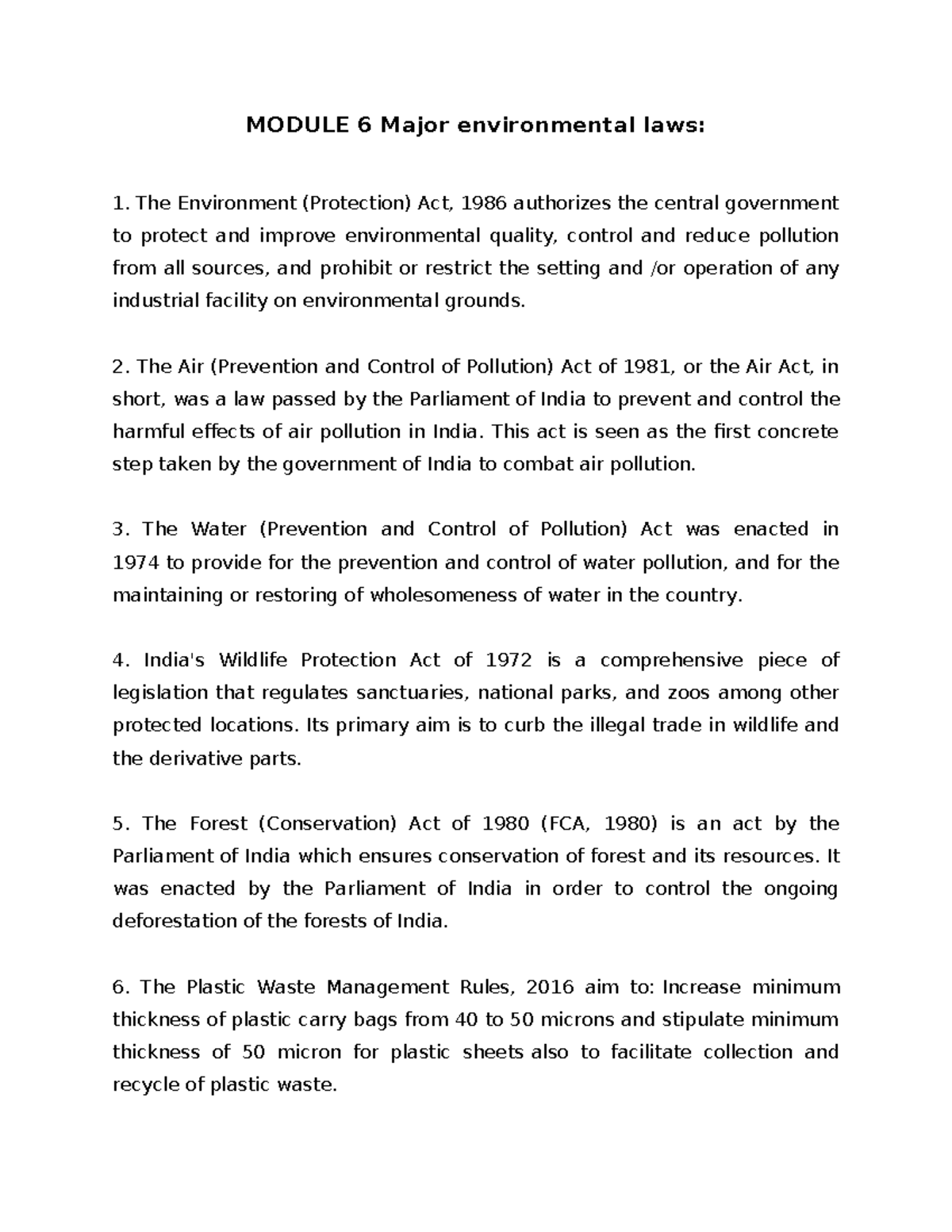 Open course Module 6 note - MODULE 6 Major environmental laws: The ...