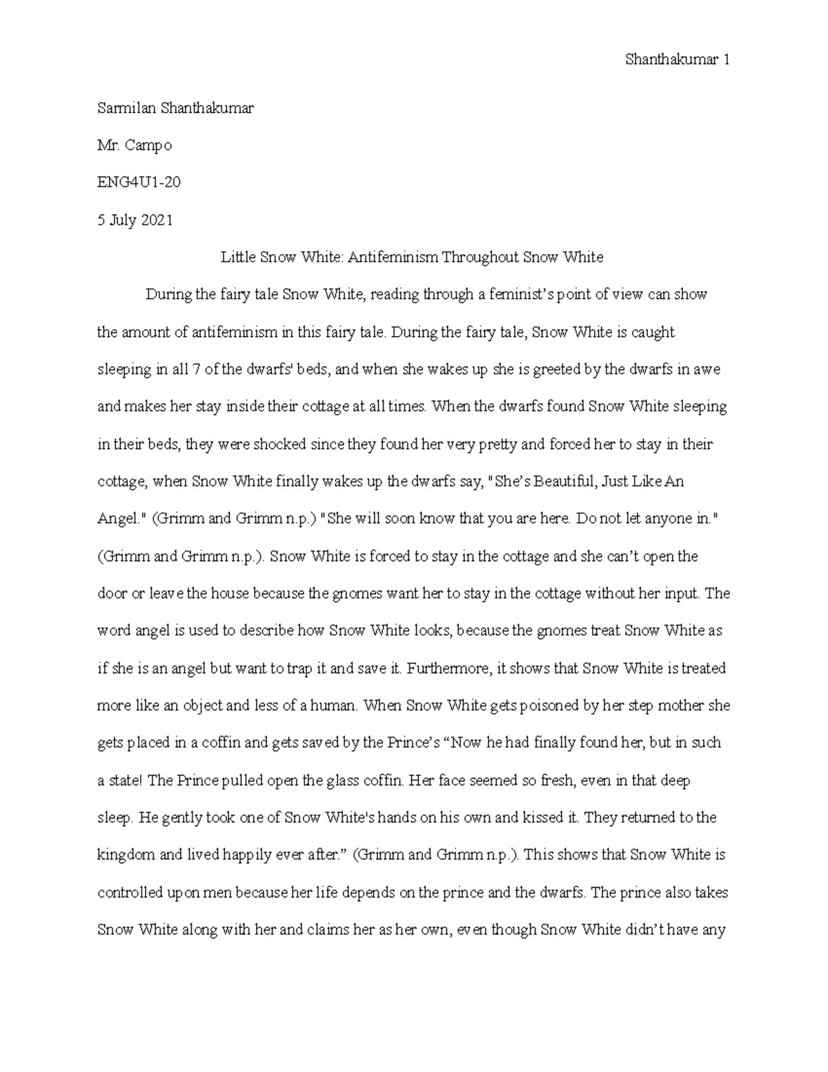 Fairy Tale Analysis Paragraph - Shanthakumar 1 Sarmilan Shanthakumar Mr ...