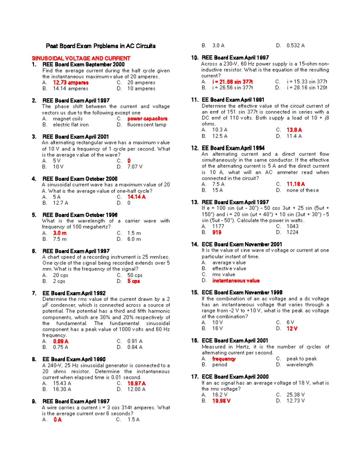 Past Board AC circuits - past boar exams notes with answers - Past ...