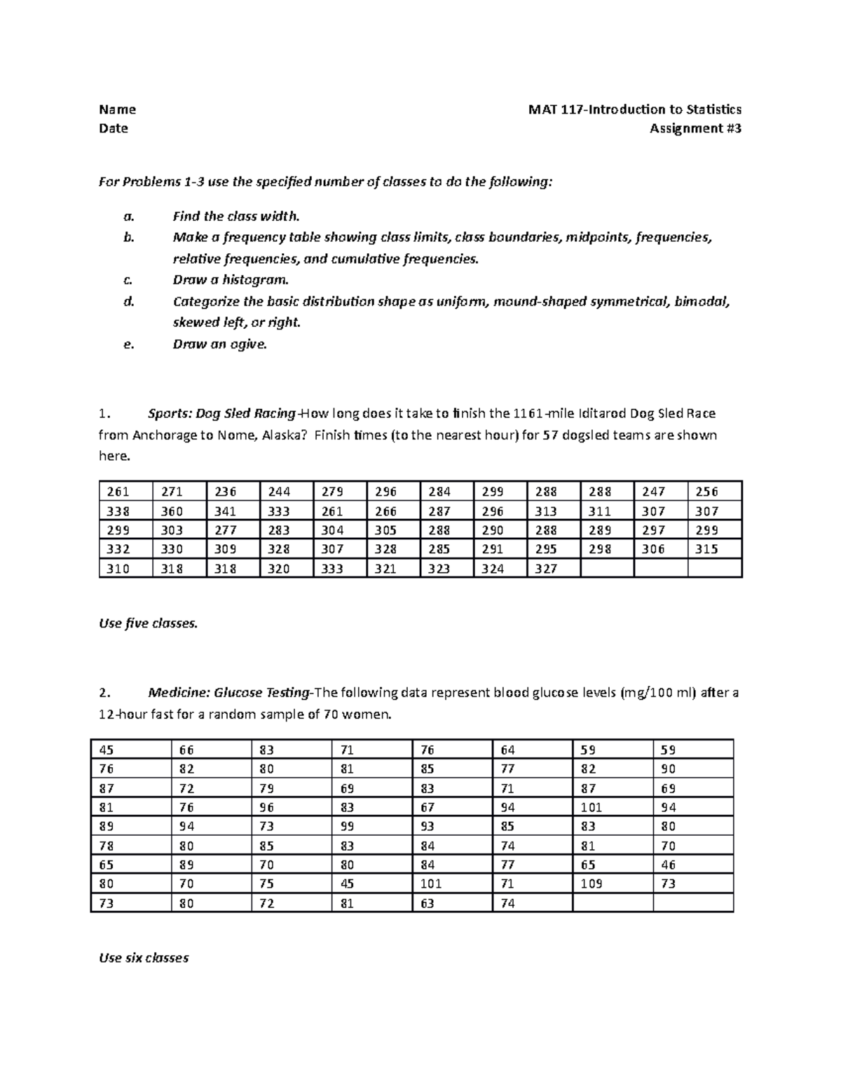 MATH 117-Organizing Data A3 - Name Date MAT 117-Introduction to ...