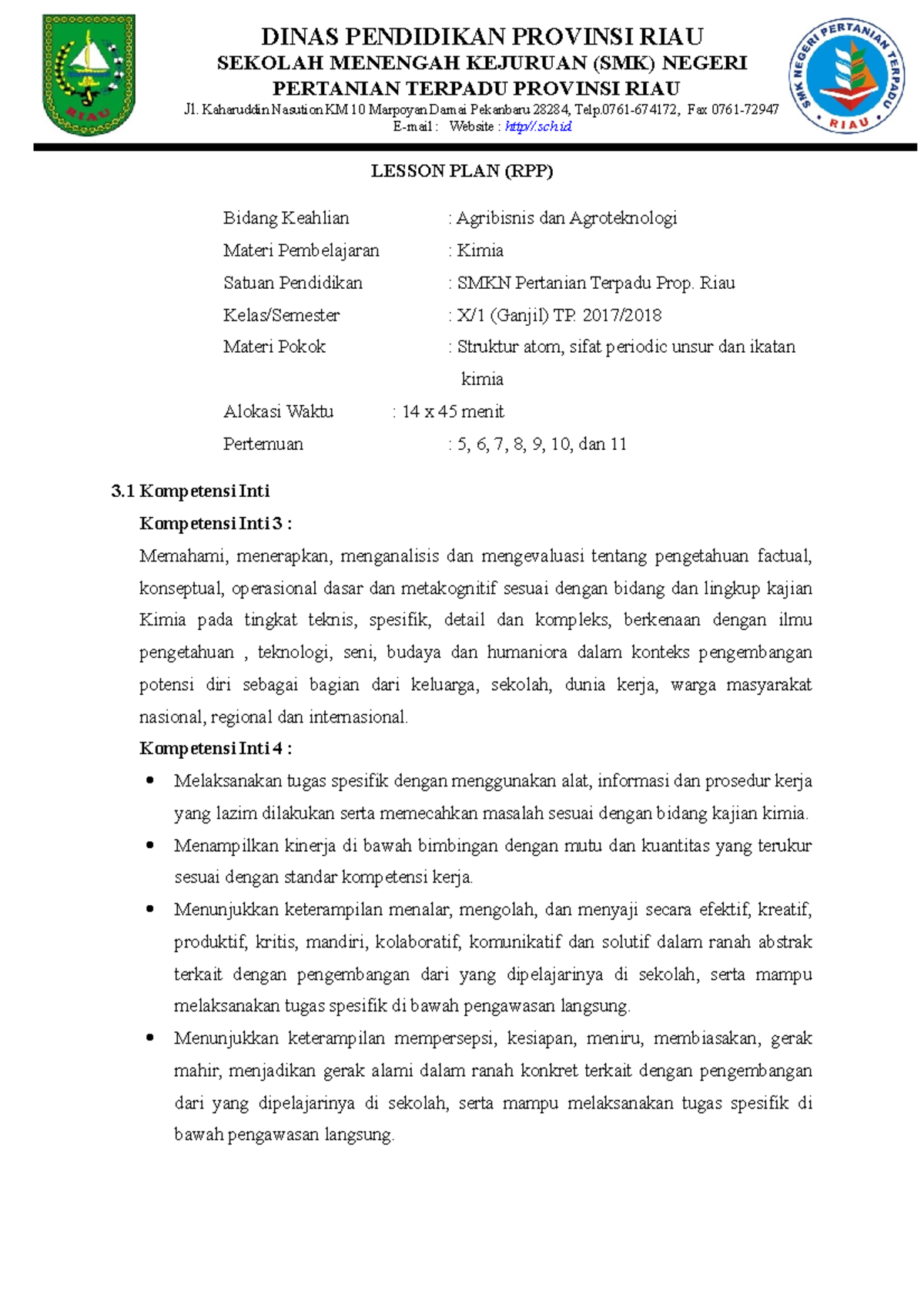 RPP 4 - 11 - RPP Pembelajaran Kimia - LESSON PLAN (RPP) Bidang Keahlian ...