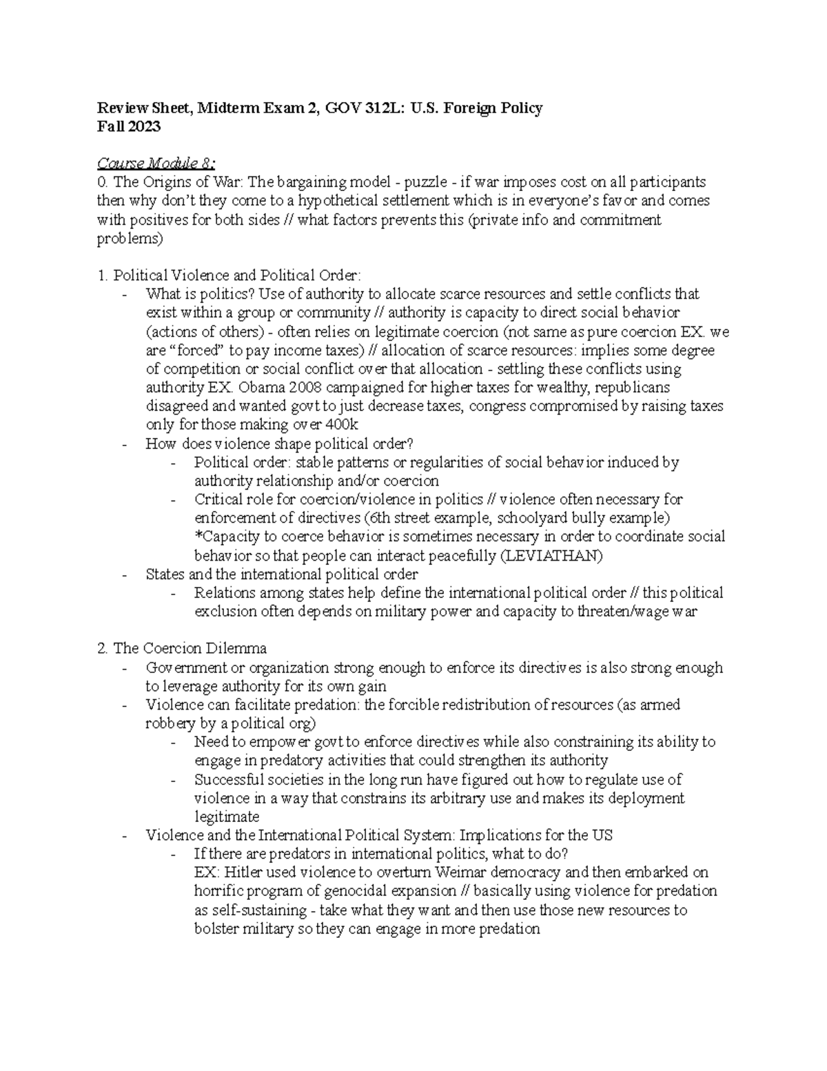 Gov312L - Midterm 2 Study Guide - Review Sheet, Midterm Exam 2, GOV ...