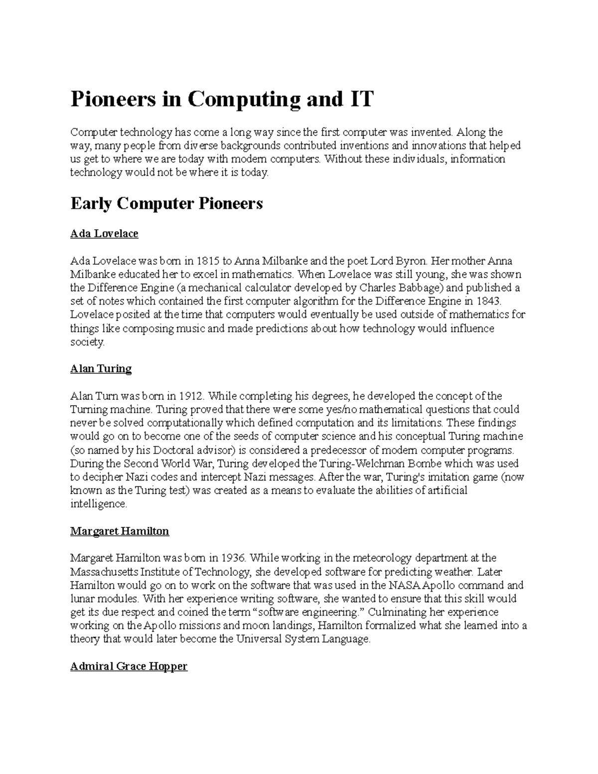 Pioneers in Computing amd IT - Pioneers in Computing and IT Computer ...