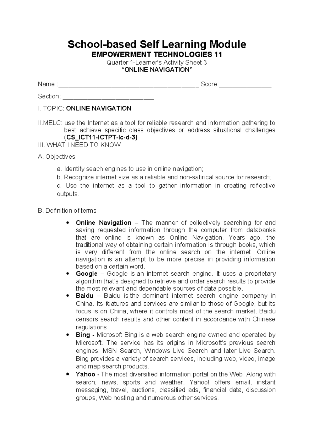 Empotech 11 Q1 LAS3 - School-based Self Learning Module EMPOWERMENT ...