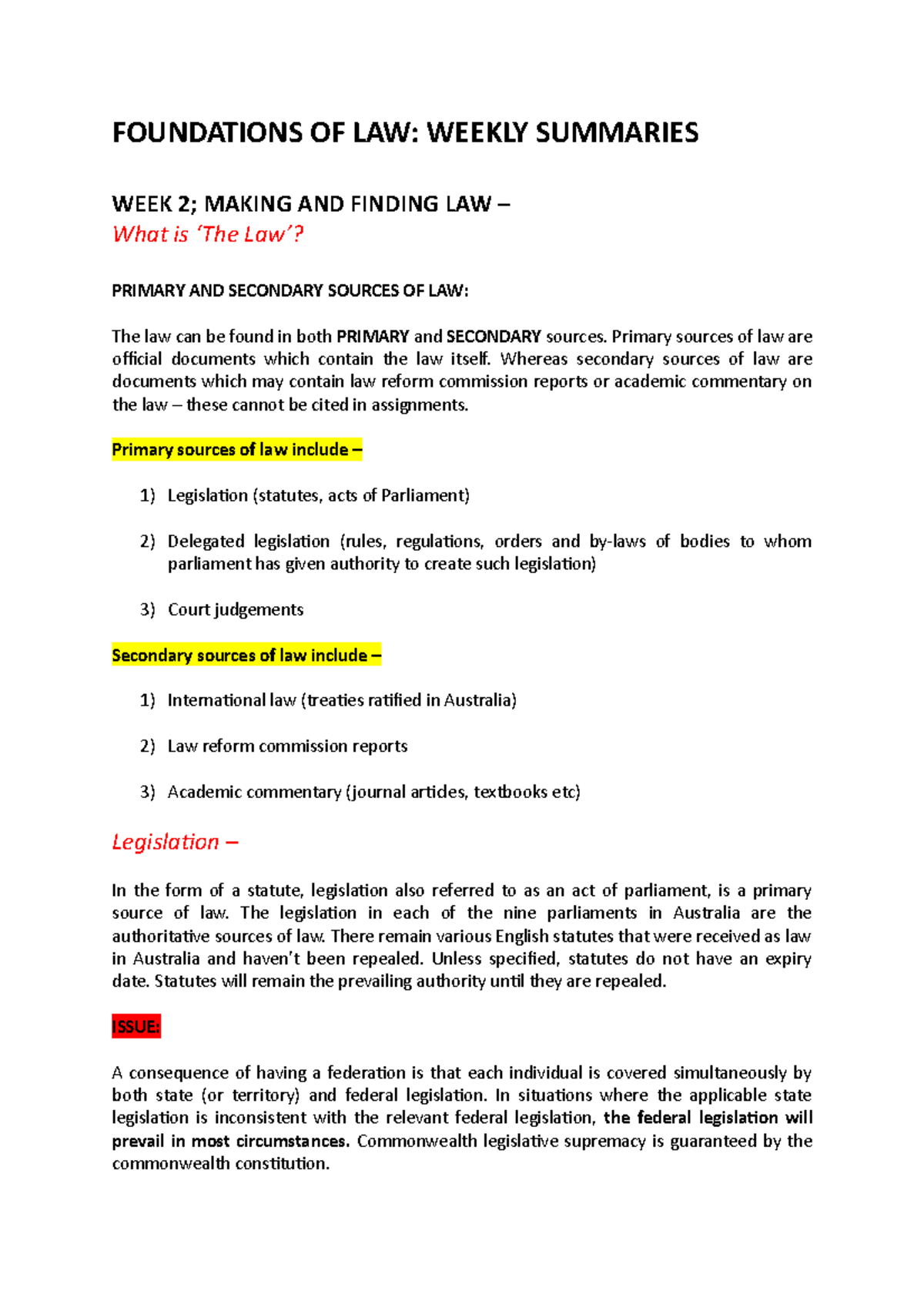 Foundations of Law Weekly Summaries - FOUNDATIONS OF LAW: WEEKLY ...