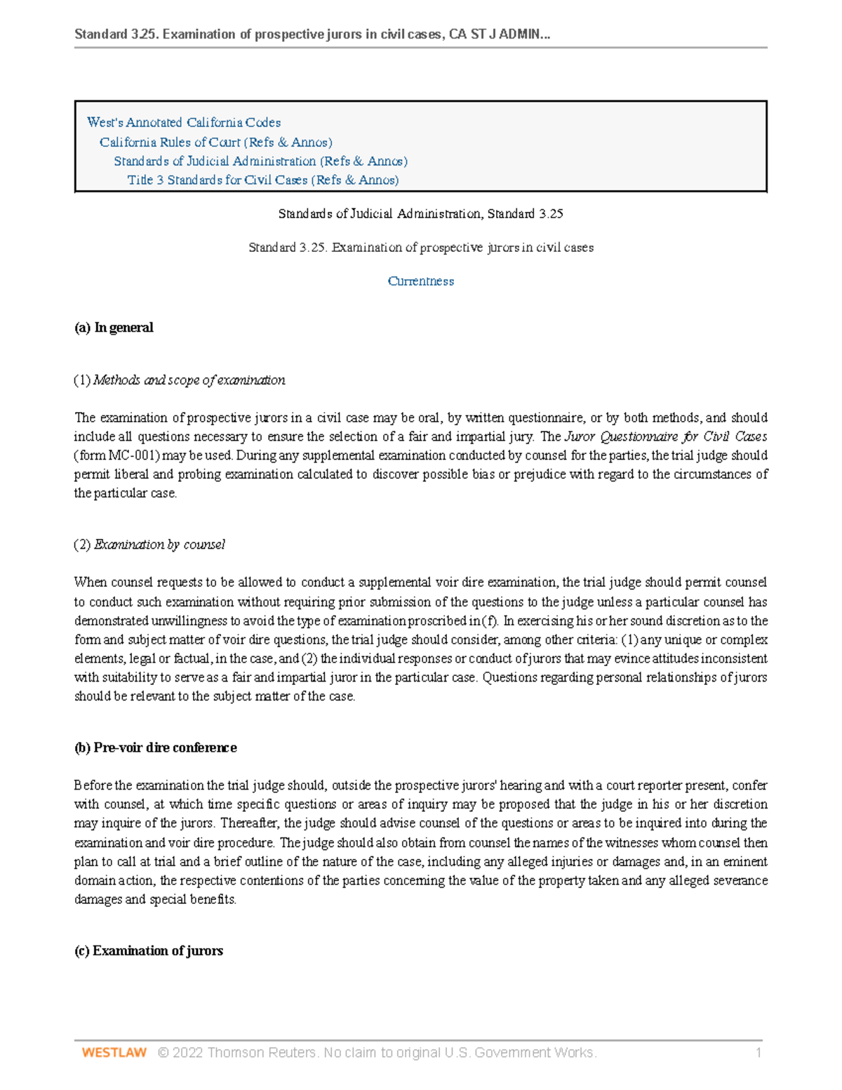 Standard 325 Examination of prospective jurors in civil cases - West's ...
