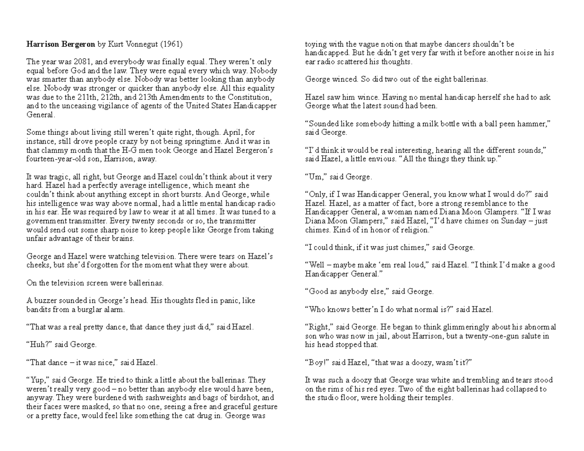 Harrison Bergeron - Middle English Literature - ENG 537 - UNC ...