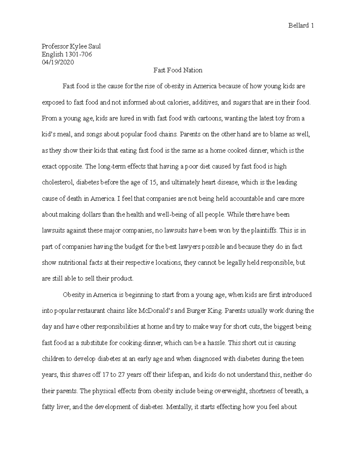 Fast Food Nation rough draft - Bellard 1 Professor Kylee Saul English ...