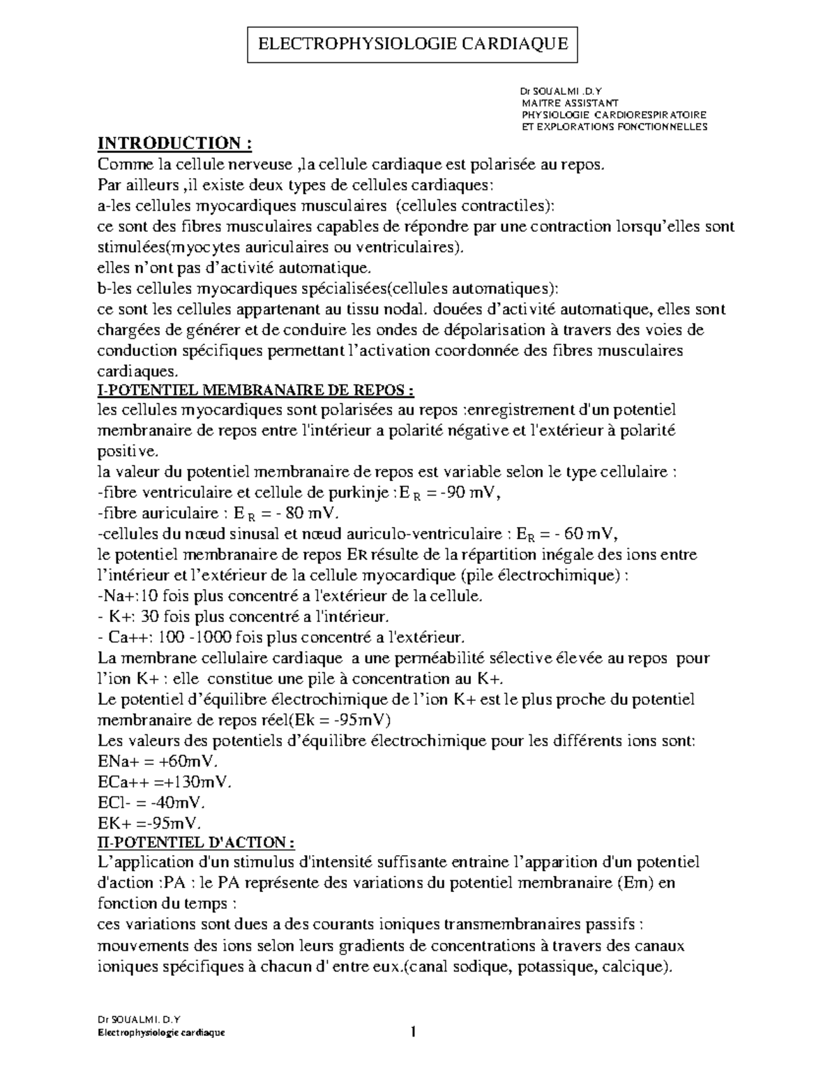 C3 electrophysiologie cardiaque - Dr SOUALMI. D Dr SOUALMI .D MAITRE ...