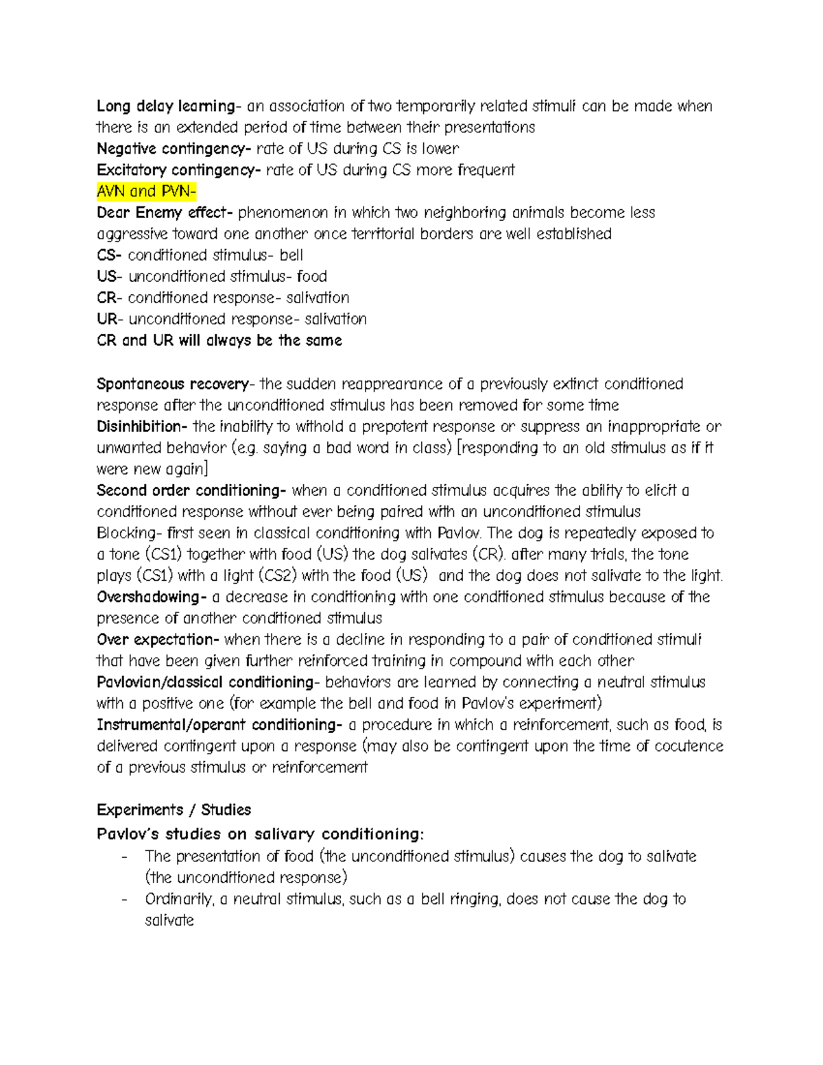 Exam 1 study guide - Long delay learning- an association of two ...