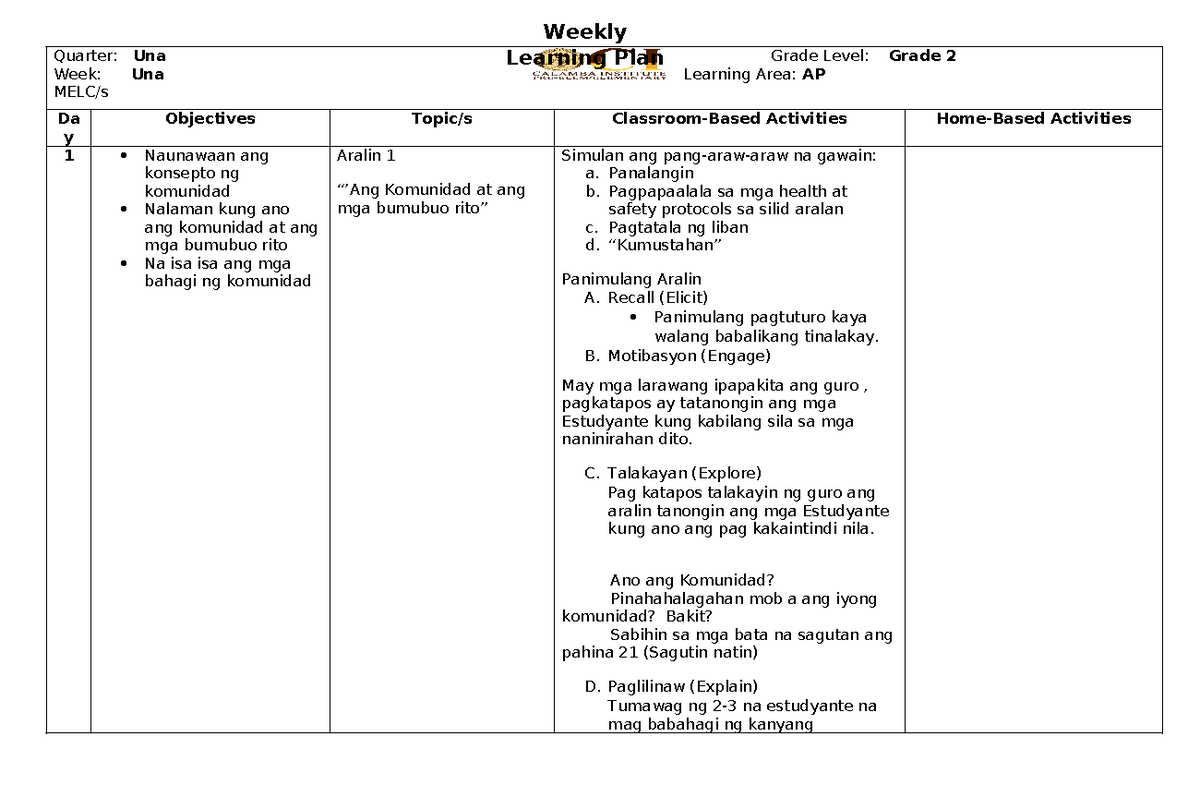 Weekly- Lesson-PLAN-AP- A1-A2 - Quarter: Una Grade Level: Grade 2 Week ...