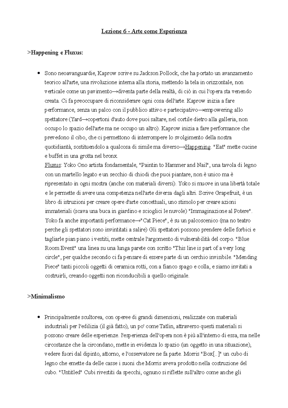 Lezione 6 Fenomenologia Arte - Lezione 6 - Arte come Esperienza >Happening e Fluxus: Sono - Studocu