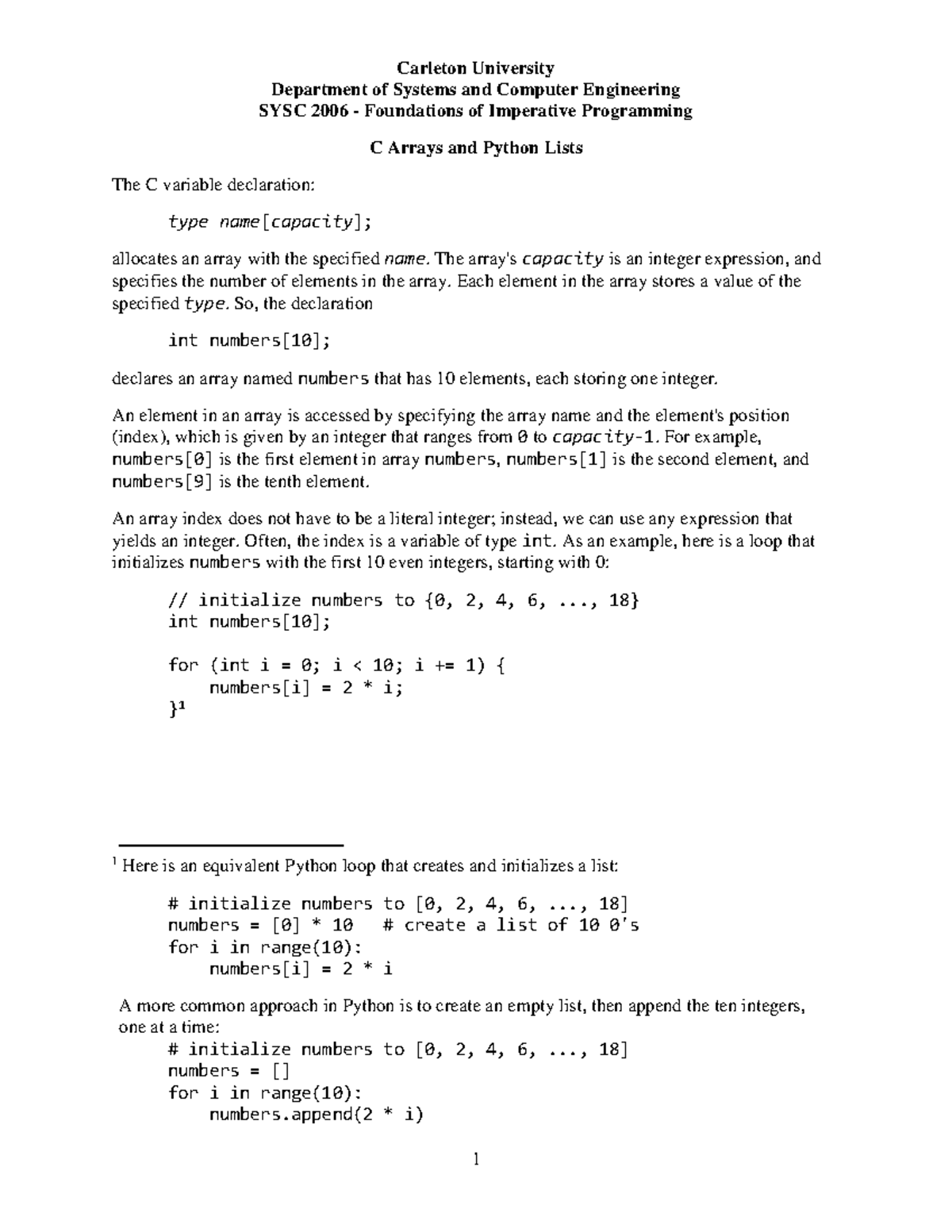 C Arrays and Python Lists - Carleton University Department of Systems and Computer Engineering ...