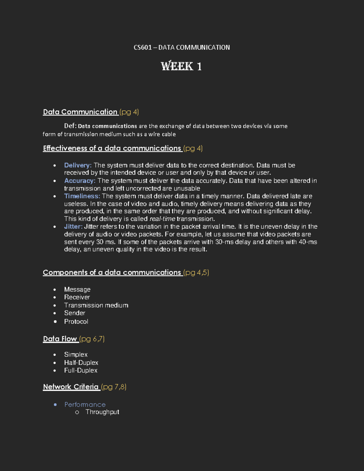 Week 1 cs601 - CS601 – DATA COMMUNICATION WEEK 1 Data Communication (pg ...