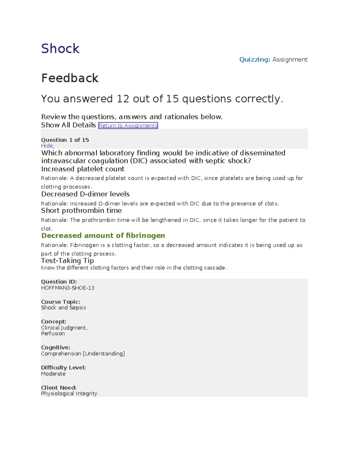 Shock - notes - Shock Quizzing: Assignment Feedback You answered 12 out ...