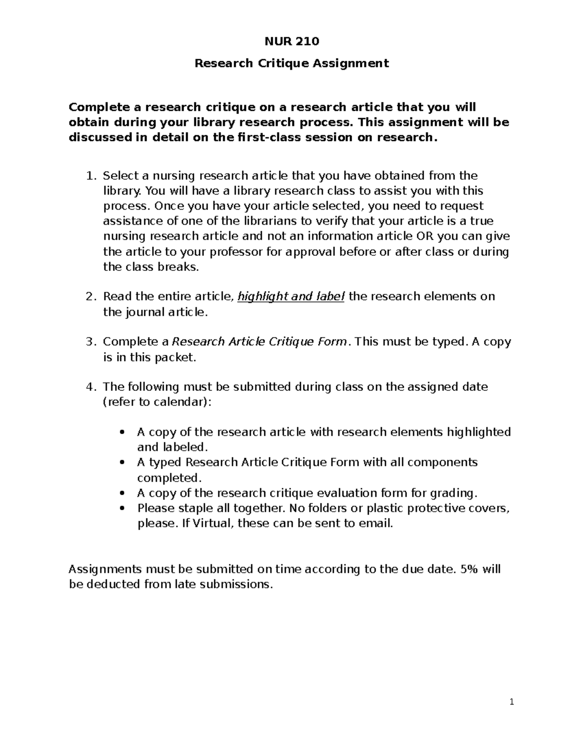 Research Critique Rubric - NUR 210 Research Critique Assignment ...