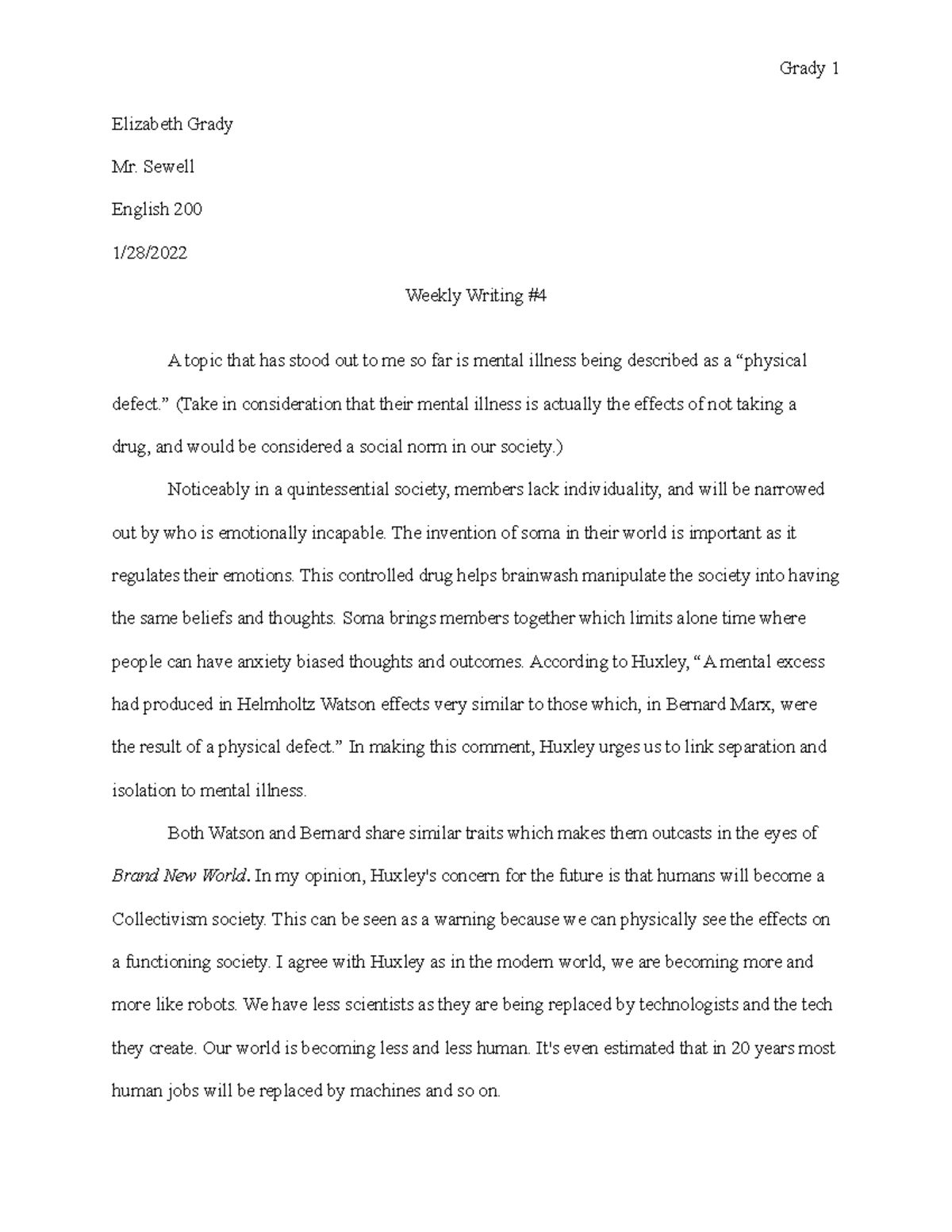 Weekly Writing #4 - Grady 1 Elizabeth Grady Mr. Sewell English 200 1/28 ...