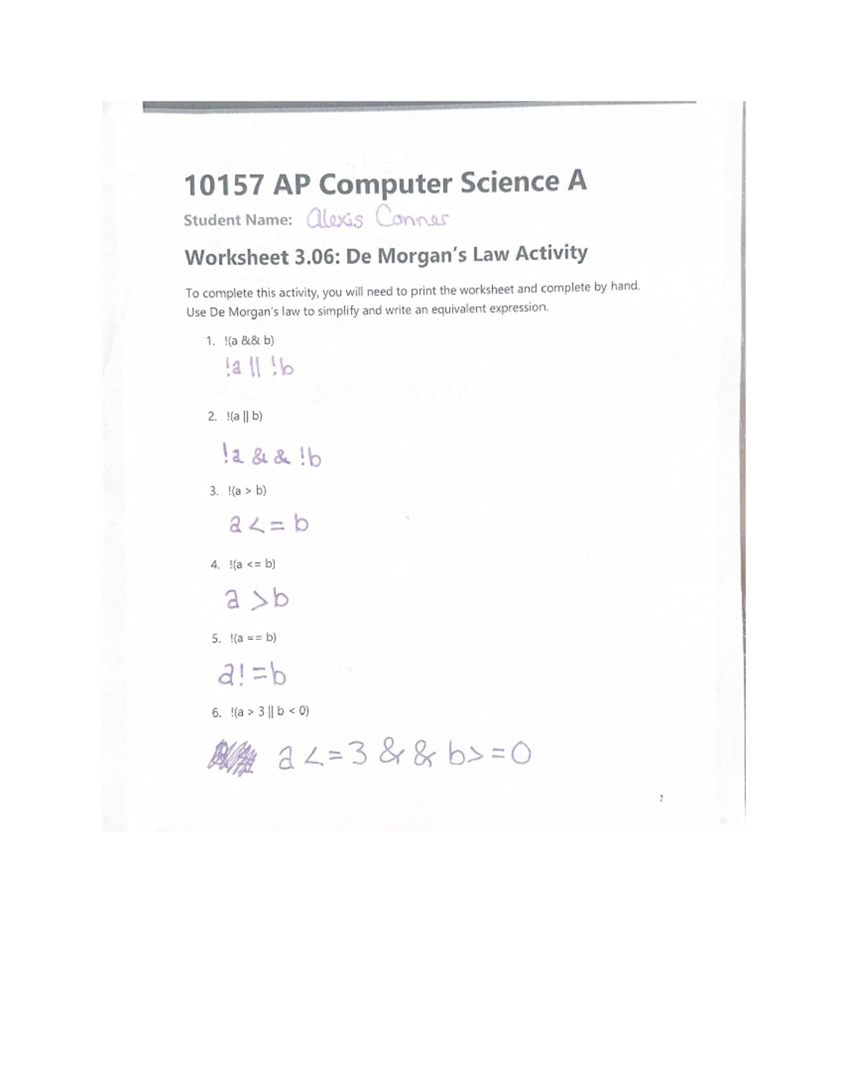 r De Morgan’s Law Activity - BIOL1105 - 10157 AP Computer Science A ...
