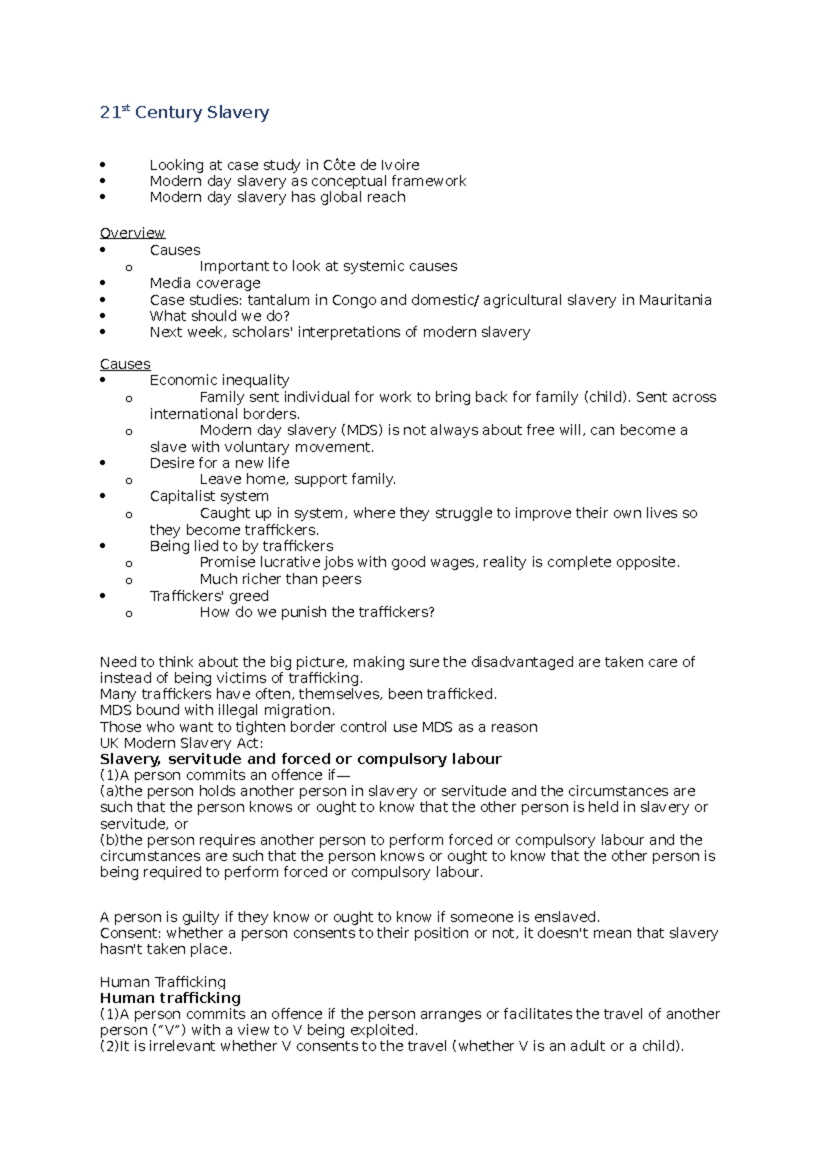 Lecture 1 notes - 21 st Century Slavery Looking at case study in Côte ...