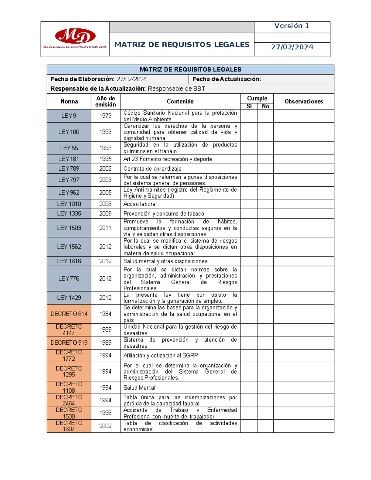 DOC- 004- Matriz DE Requisitos Legales - MATRIZ DE REQUISITOS LEGALES 27/02/ MATRIZ DE ...