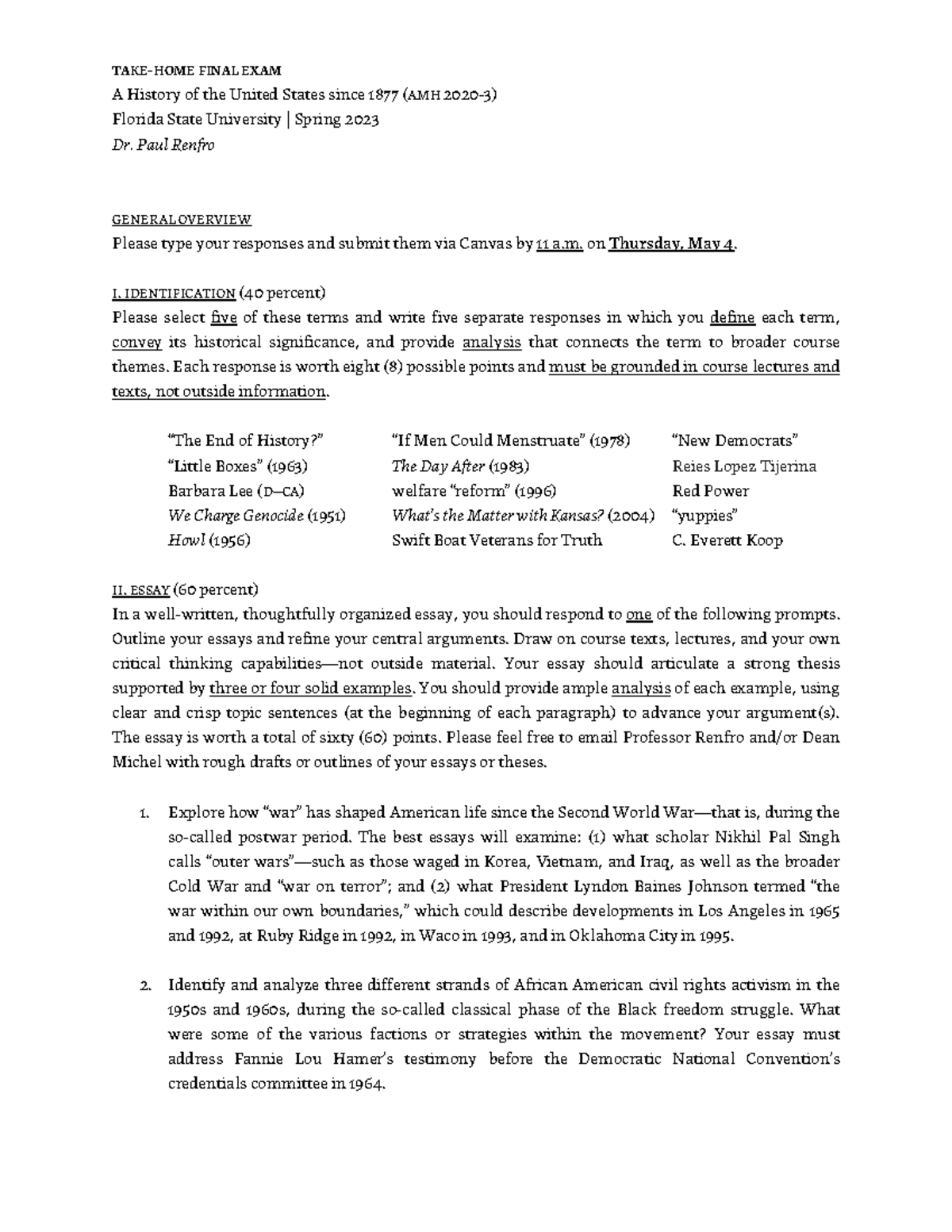 AMH+2020-3+S23+final+exam - TAKE-HOME FINAL EXAM A History of the ...