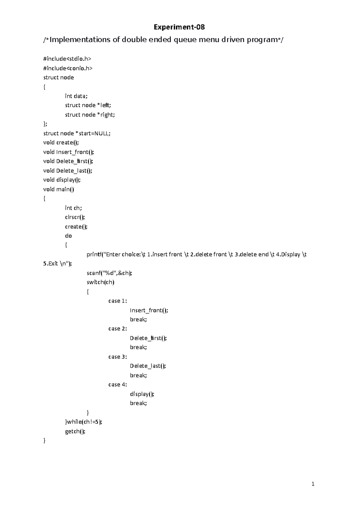 Double Ended Queue C Code Experiment 08 Implementations Of Double Ended Queue Menu Driven