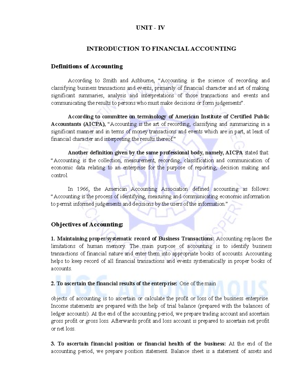 Befa UNIT IV - notes - UNIT - IV INTRODUCTION TO FINANCIAL ACCOUNTING ...