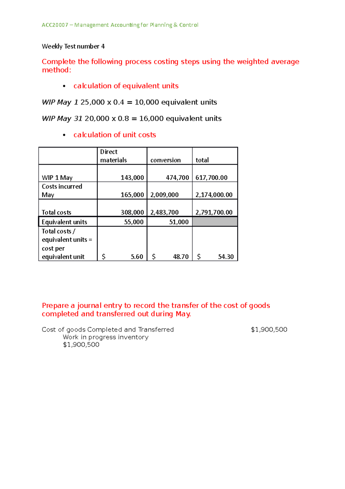 ACC20007 weekly test 4 - ACC20007 – Management Accouning for Planning ...