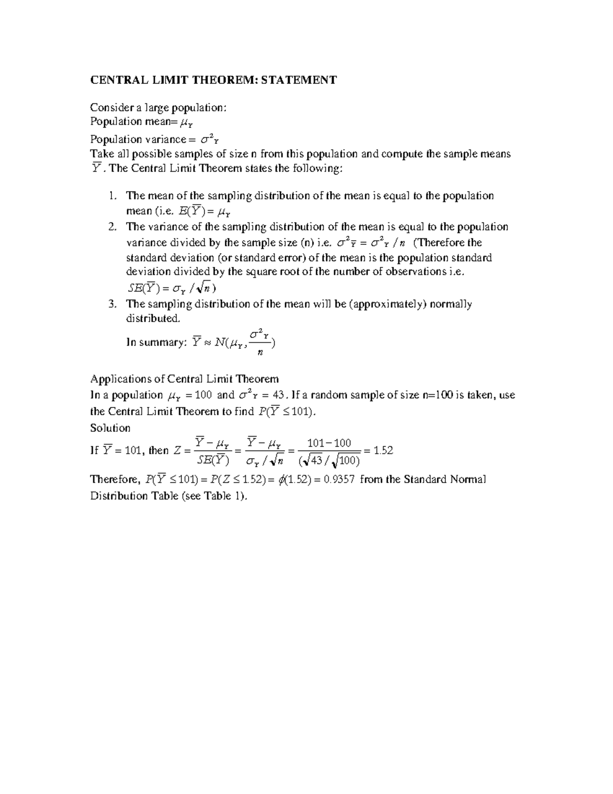 Central Limit Theorem - CENTRAL LIMIT THEOREM: STATEMENT Consider a ...