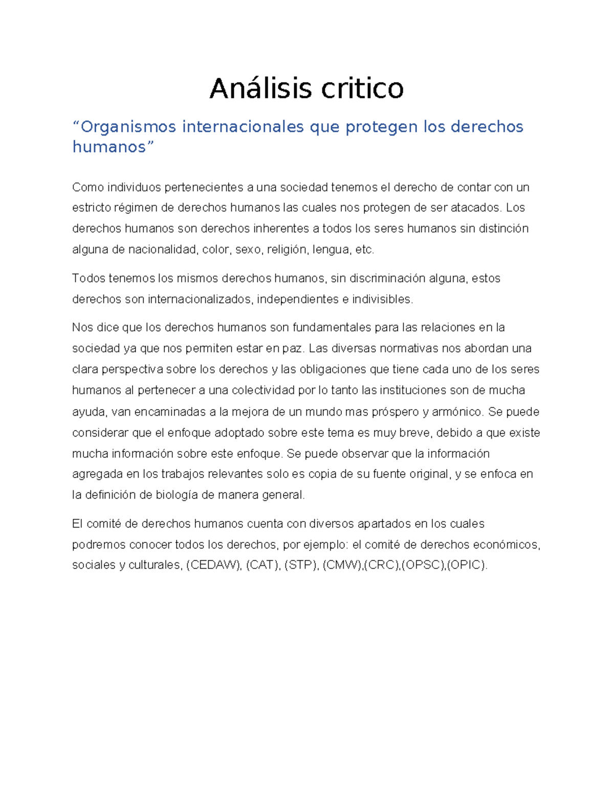 Análisis critico - TRABAJO ACADEMICOJGT - Análisis critico “Organismos ...