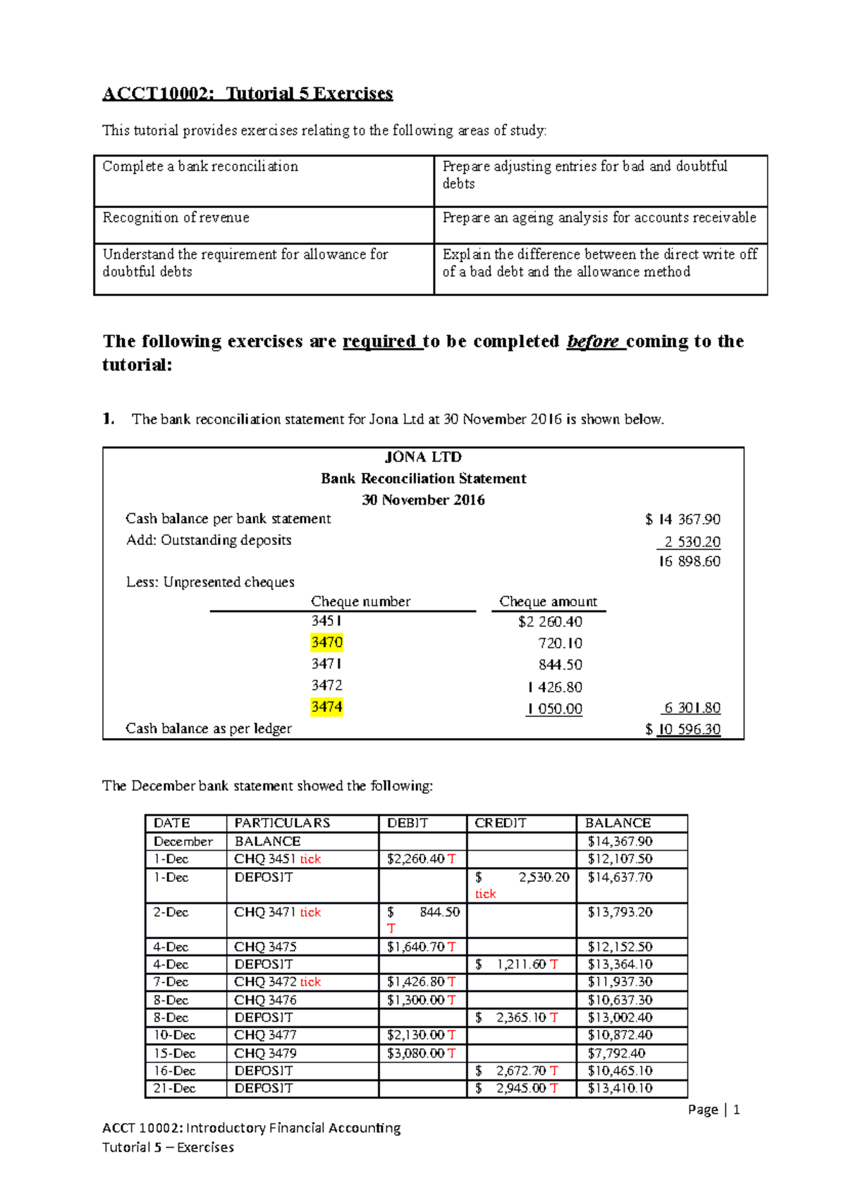 ACCT10002 Tutorial 5 - The bank reconciliation statement for Jona Ltd at 30 November 2016 is ...
