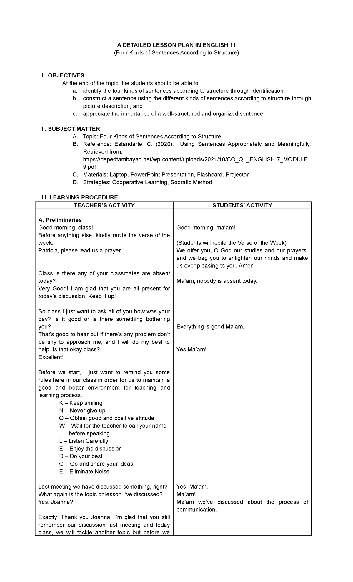 DELA CRUZ, Angelica - Detailed Lesson PLAN - A DETAILED LESSON PLAN IN ...