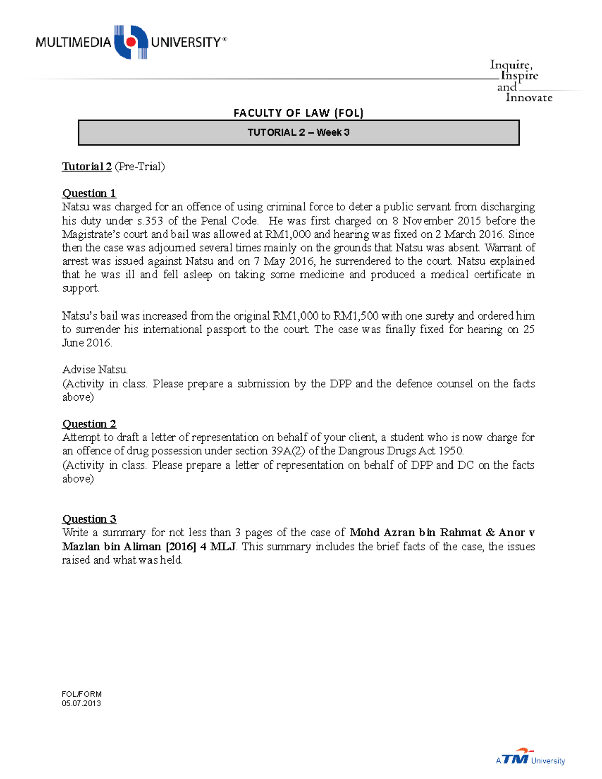 Week 3 Tutorial evidence law 11 on similar fact evidence - FACULTY OF LAW (FOL) TUTORIAL 2 ...