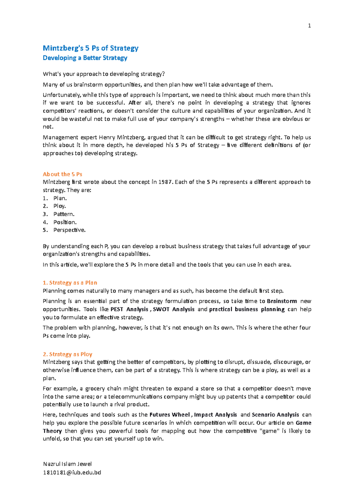 Strategic Options Mintzberg 5 Ps of Strategy - 1 Mintzberg's 5 Ps of ...