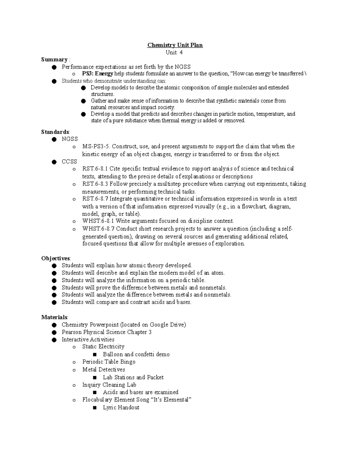 Chemistry Unit Plan - Unit plan - Chemistry Unit Plan Unit 4 Summary ...